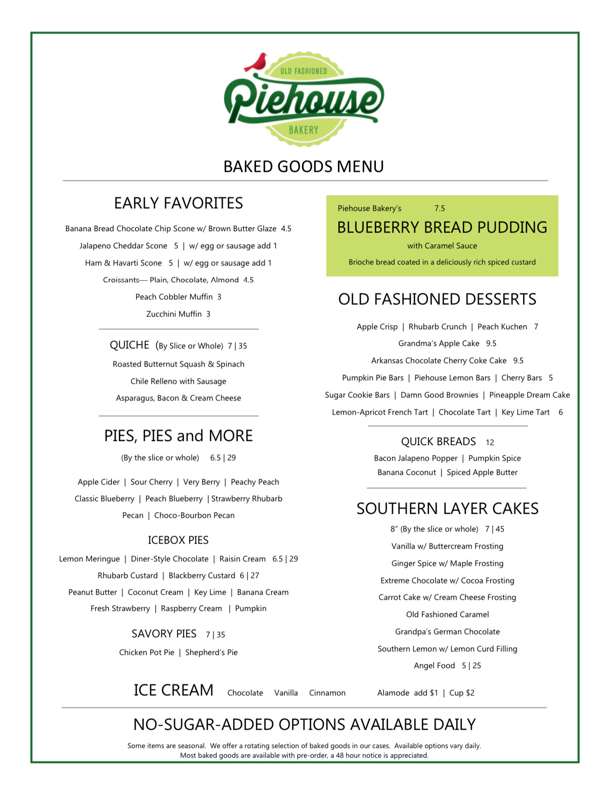 Menu – Piehouse Bakery