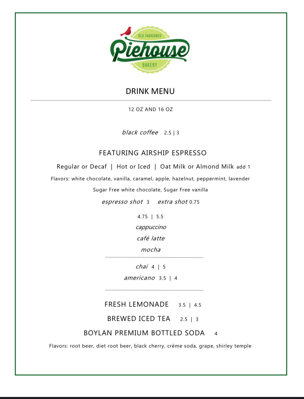 Menu – Piehouse Bakery